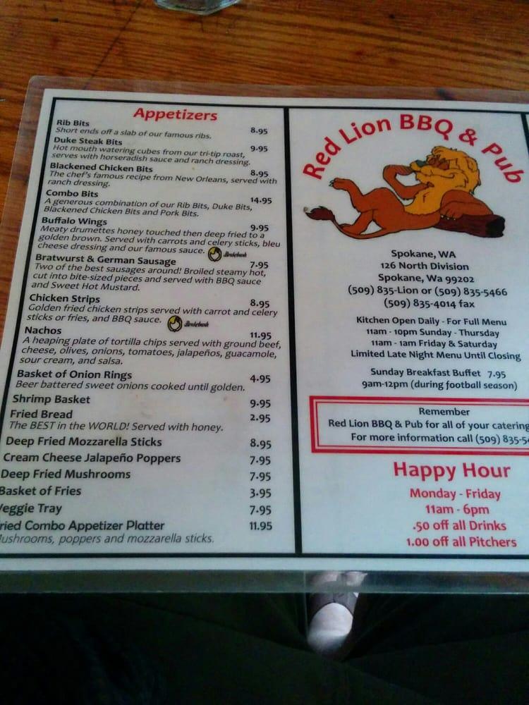 Menu at Red Lion Pub, Spokane