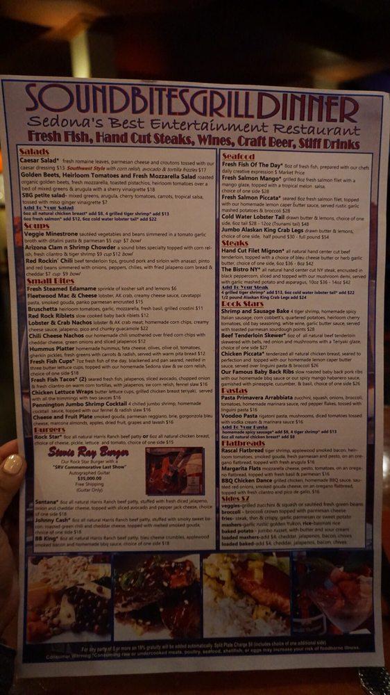 Menu at Sound Bites Grill, Sedona AZ restaurant, Sedona
