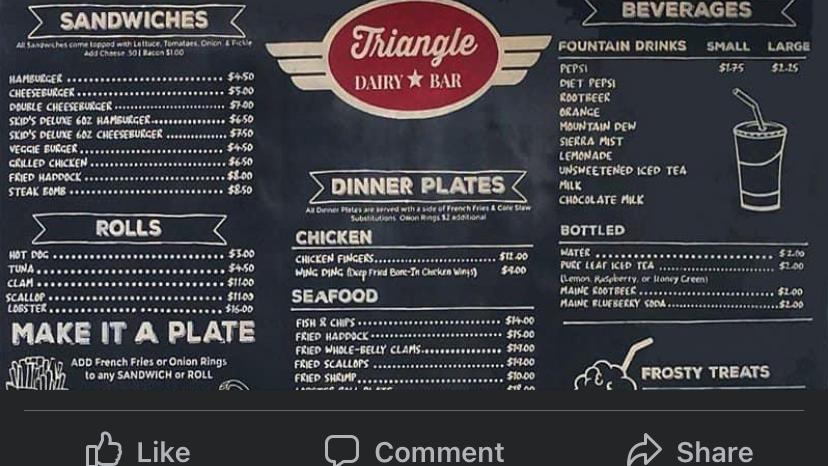 Menu at Triangle Dairy Bar, Whitefield