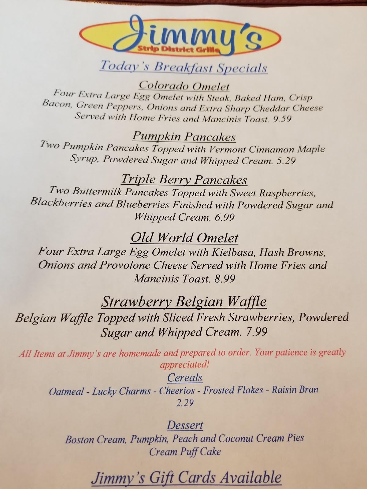 Menu at Jimmy's Strip District Grille restaurant, Mars