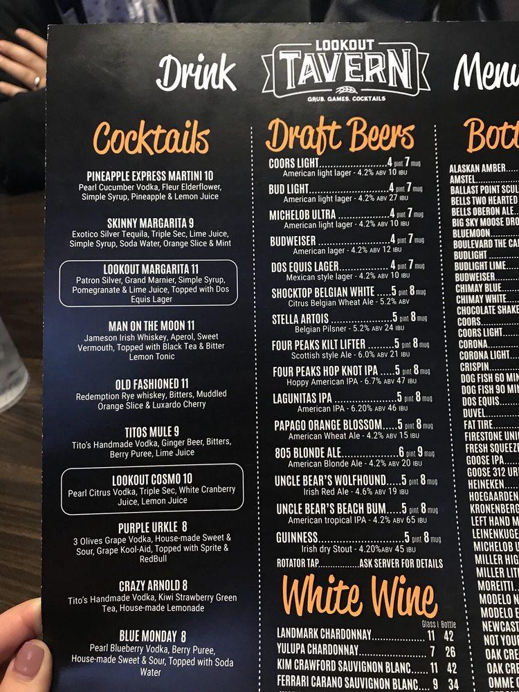 Menu at Lookout Tavern pub & bar, Phoenix