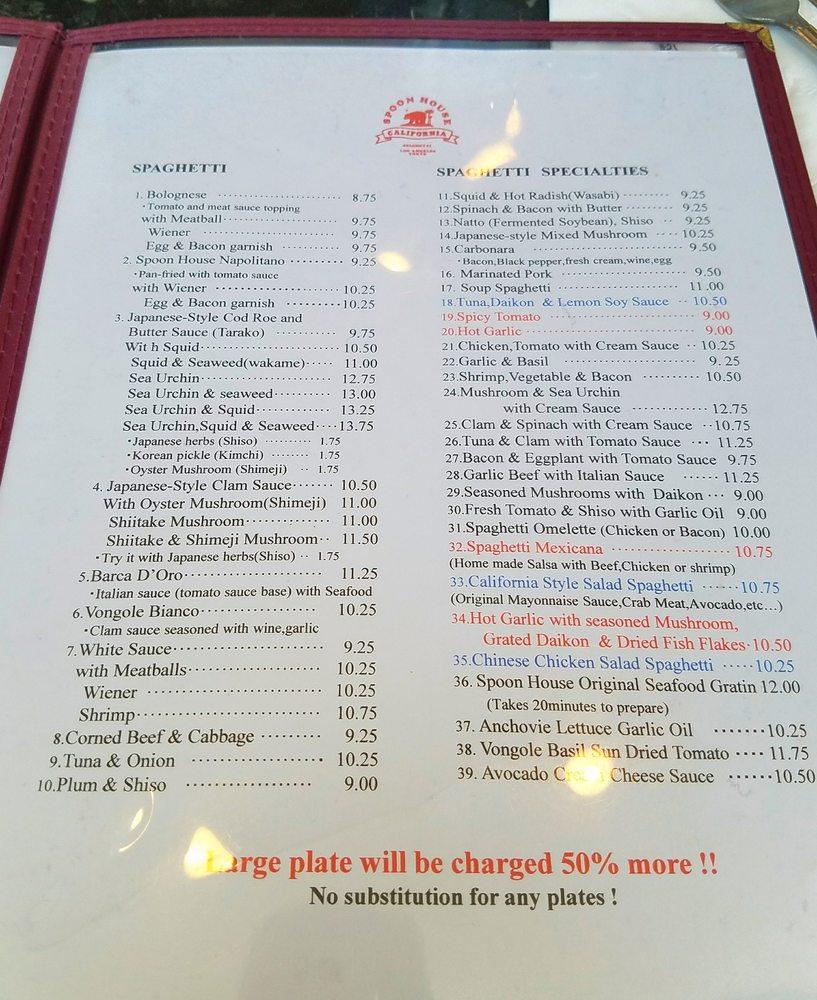 Menu at Spoon House Bakery and Restaurant, Gardena