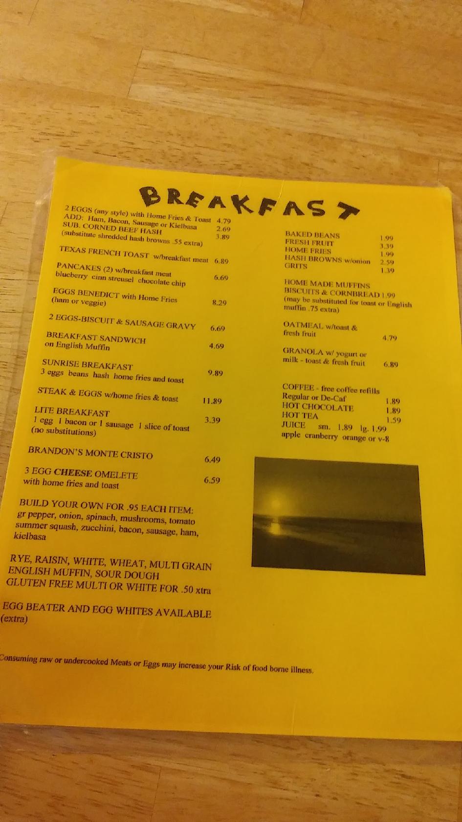 Menu at Sunrise Cafe, Freeport