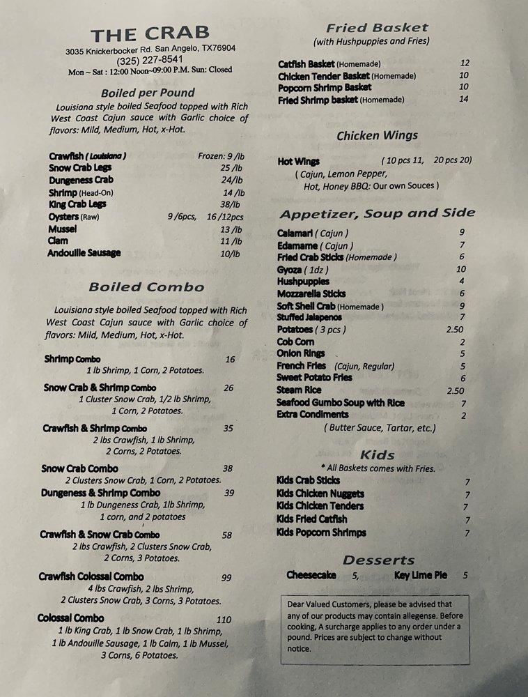 Menu at The Crab restaurant, San Angelo