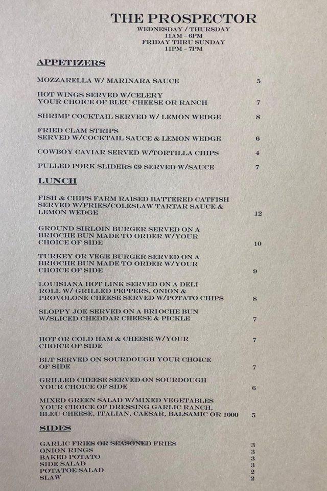 Menu at The Prospector pub & bar, Chloride