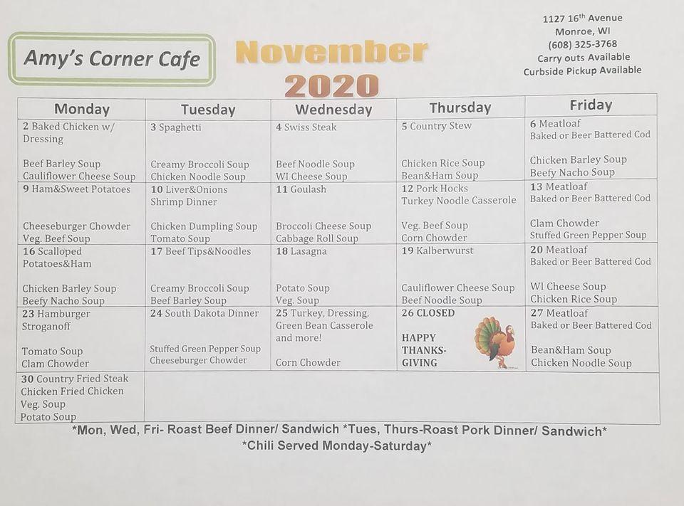 Menu at Amy's Corner Cafe, Monroe