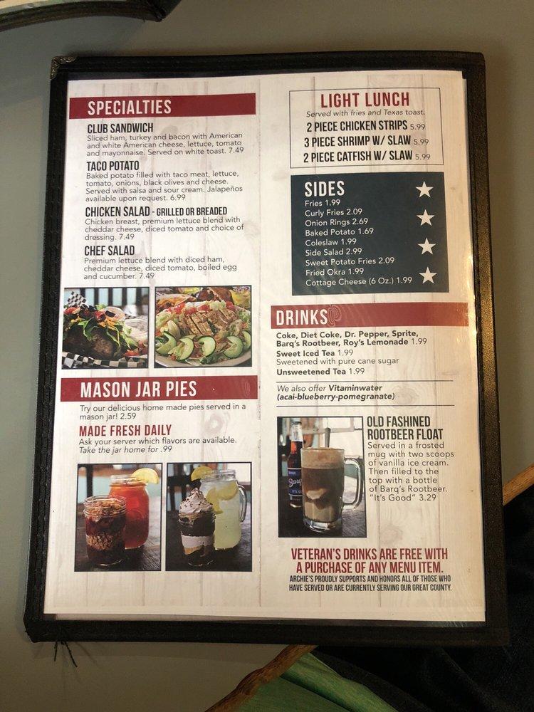 Menu at Archies restaurant, Ava