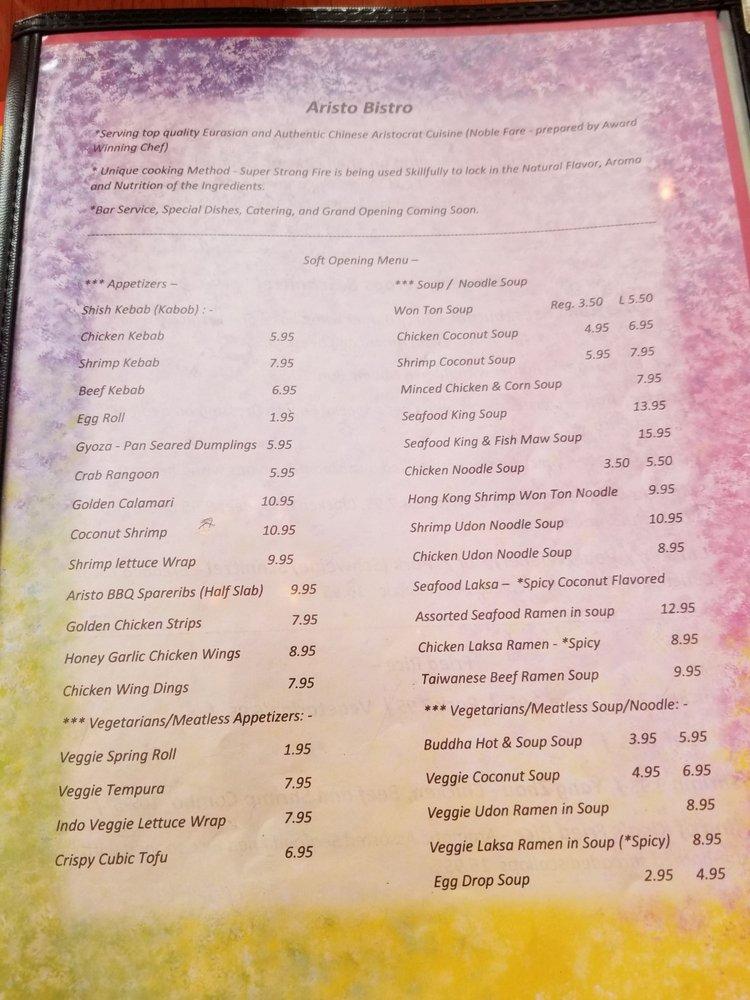 Menu at Aristo Bistro restaurant, Westlake