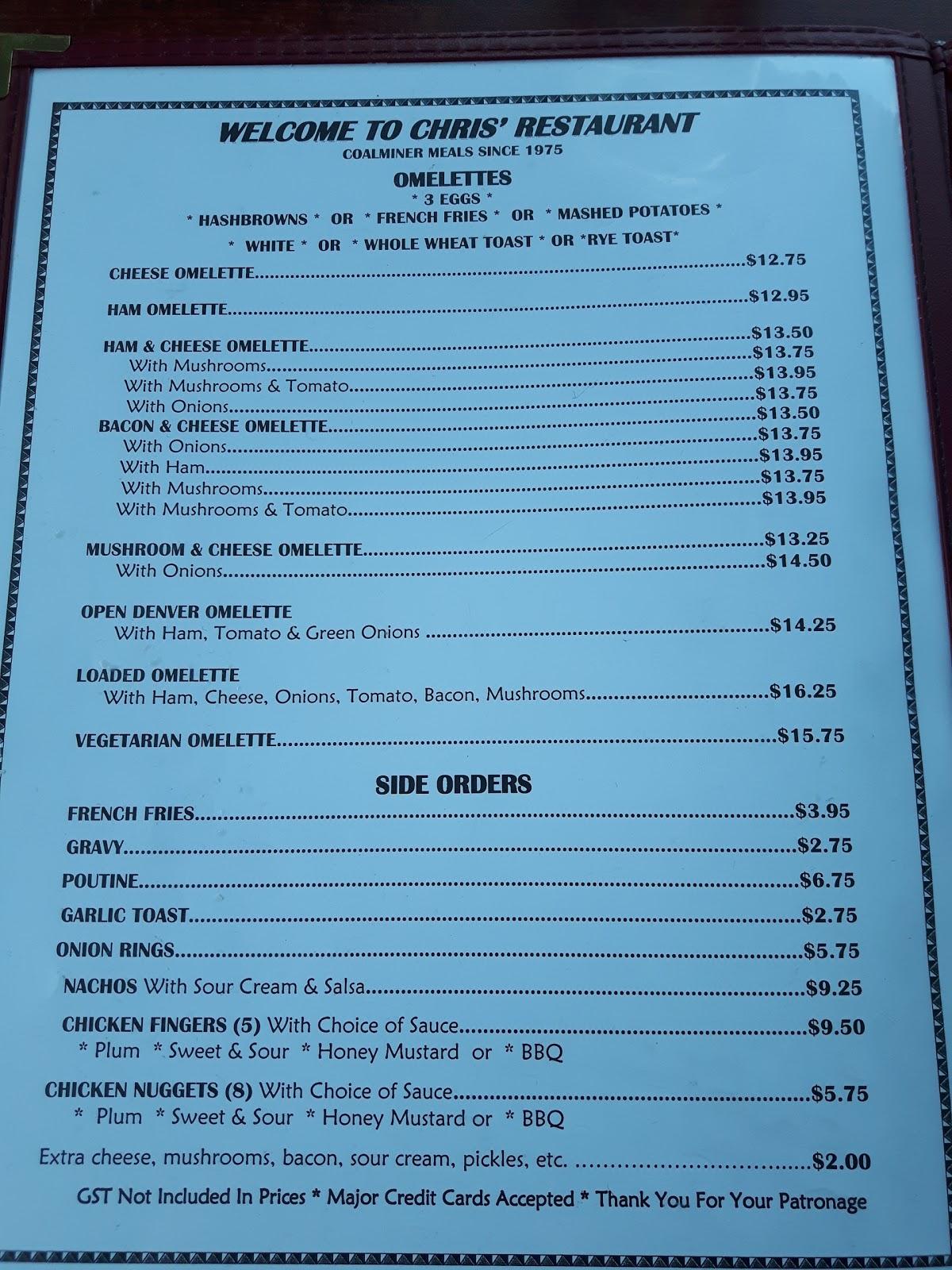 Menu at Chris' Restaurant, Crowsnest Pass
