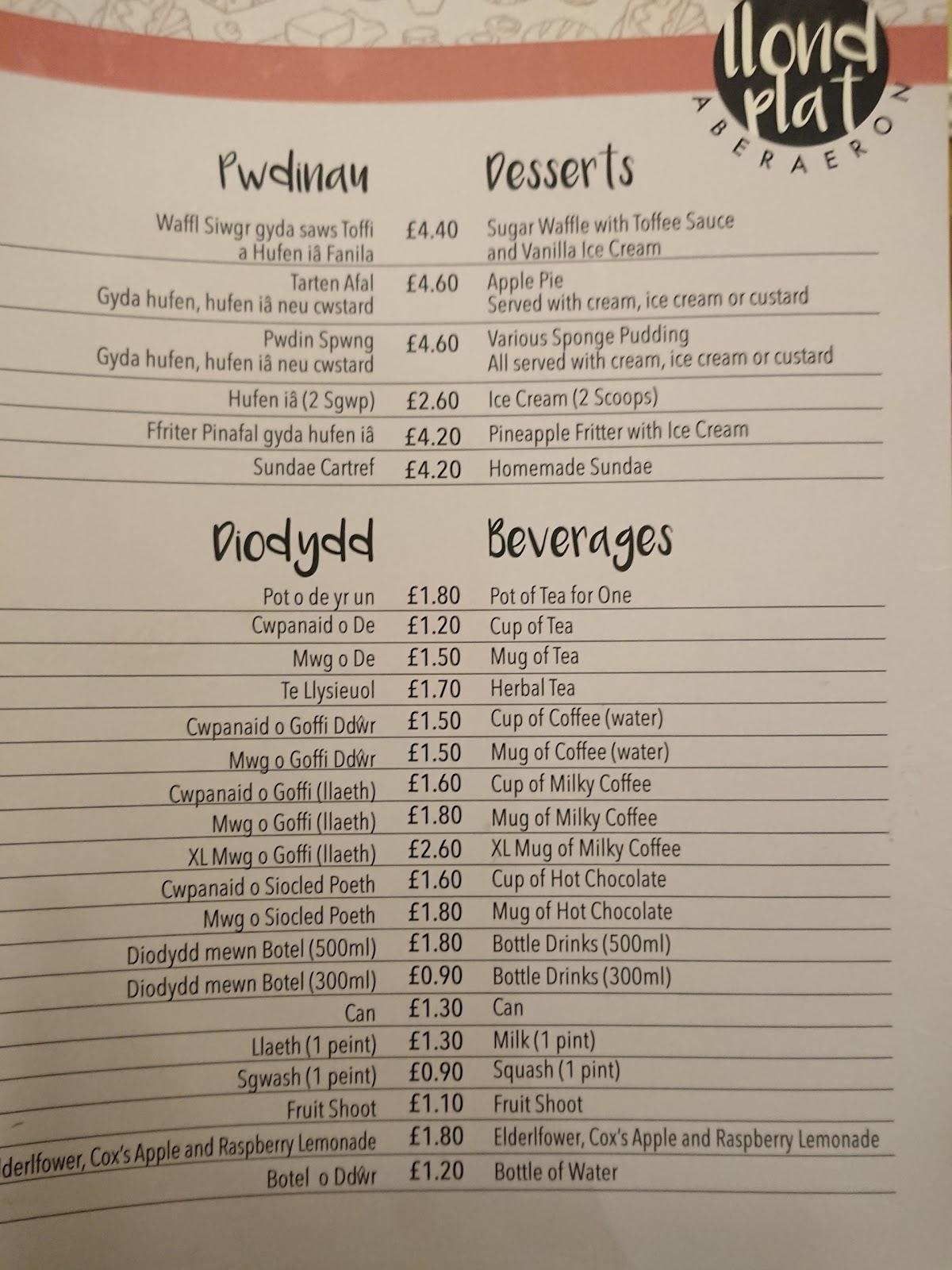 Menu at Fish & Chips Aberaeron Llond Plât cafe, Aberaeron
