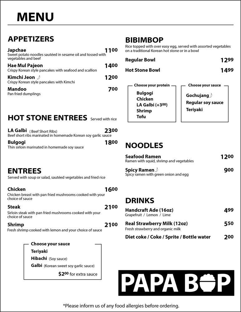 Menu at Papa Bop restaurant, Evanston