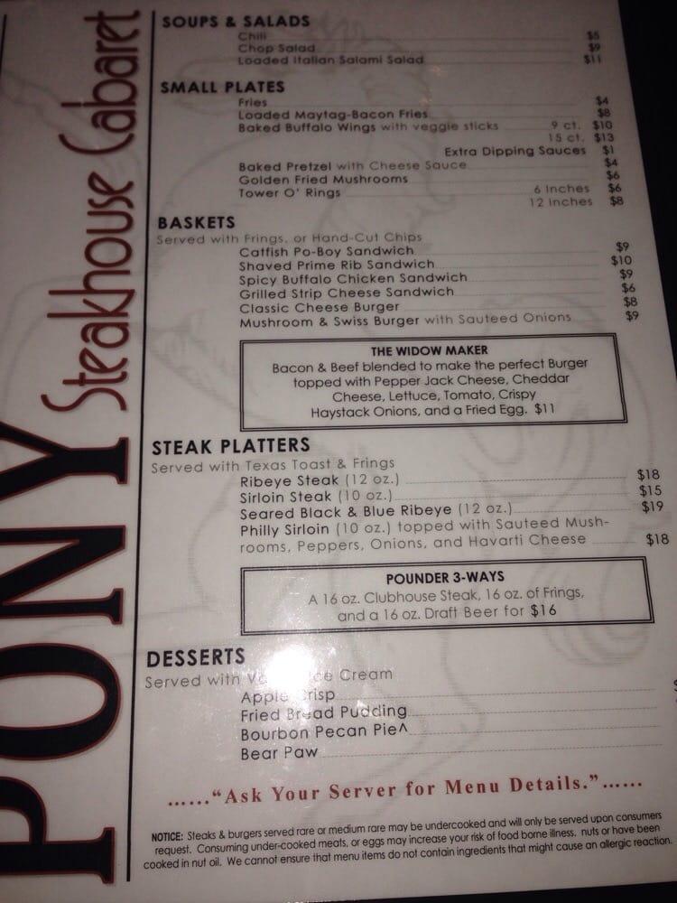 Menu at The Pony Cabaret and Steak House, Carbondale