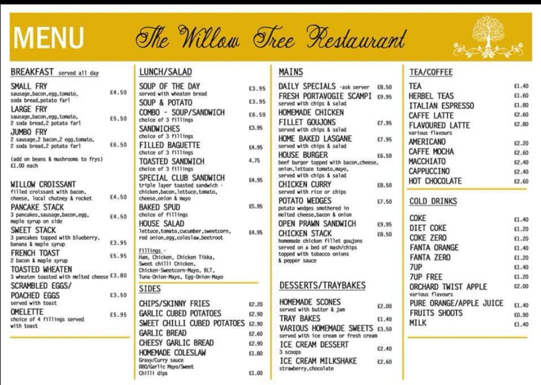 Menu at The Willow Tree cafe, Newtownards