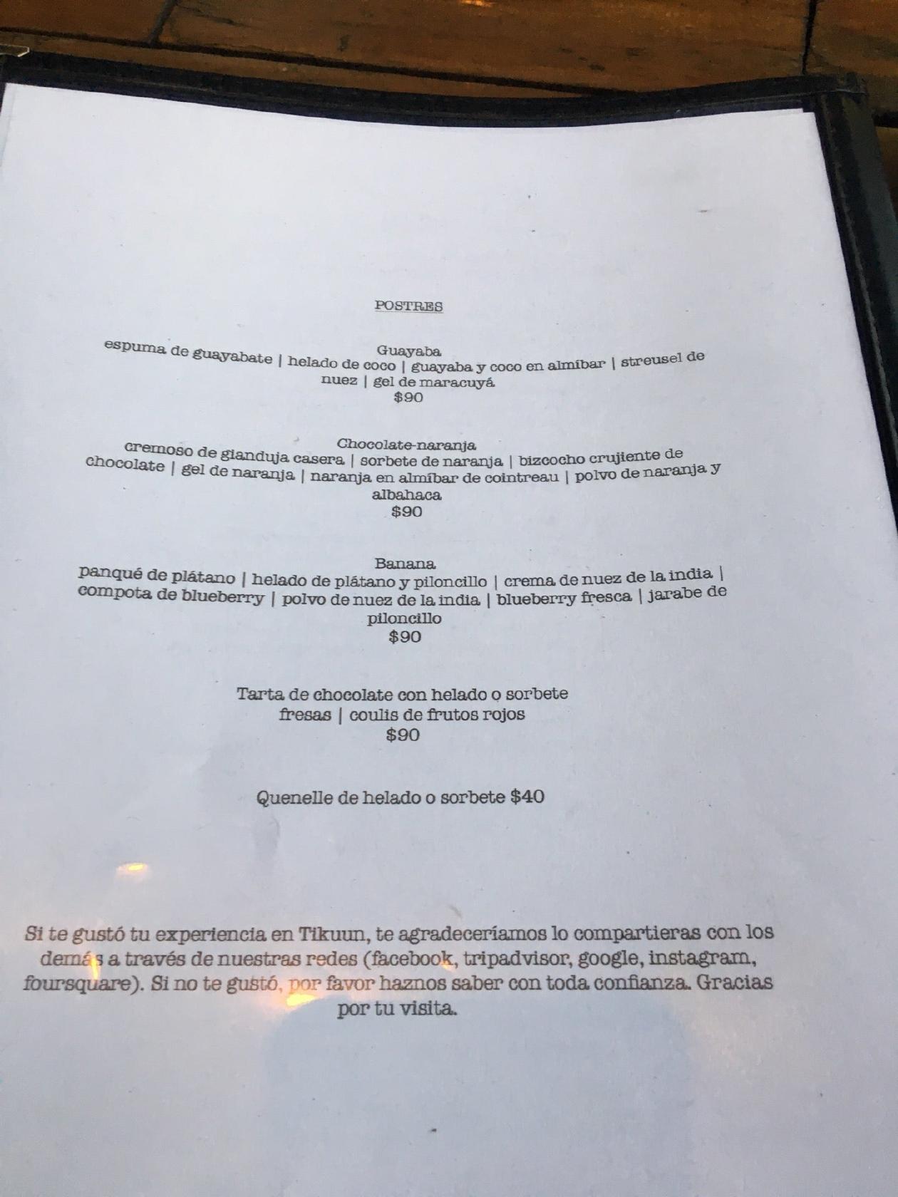 Carta del restaurante Tikuun Comedor Local, Guadalajara