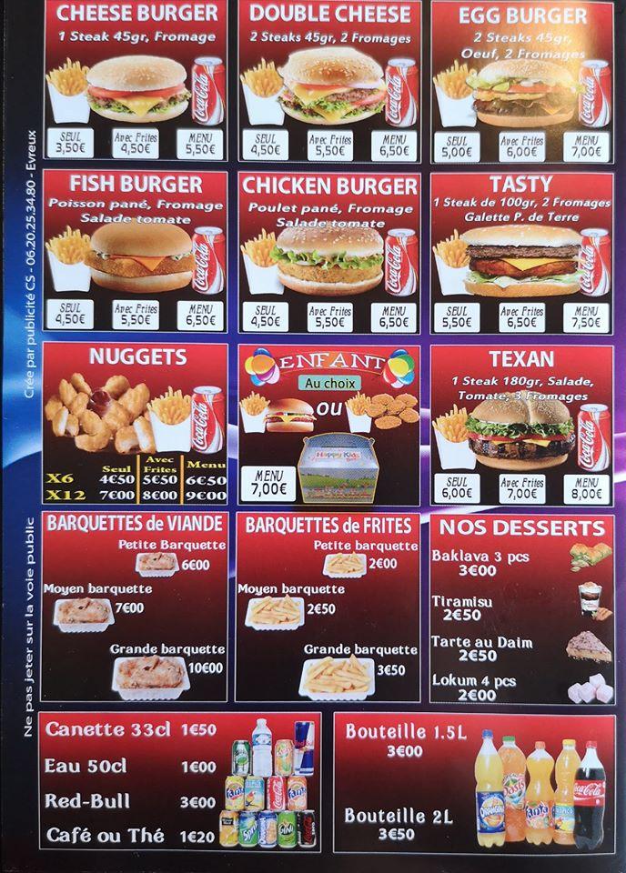 Menu at Istanbul Kebab restaurant, Bueil
