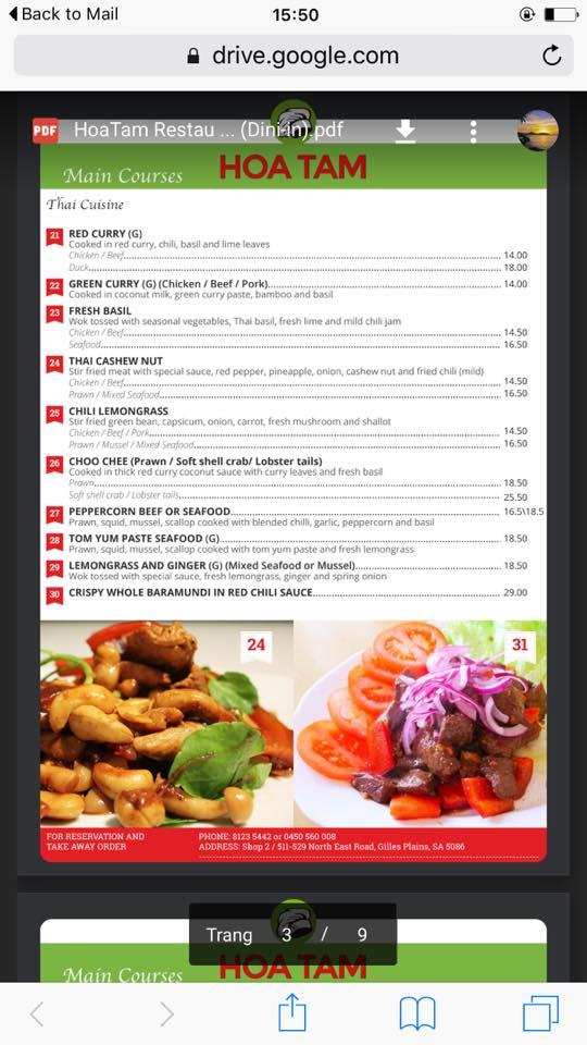 Menu at Hoa Tam restaurant, Gilles Plains