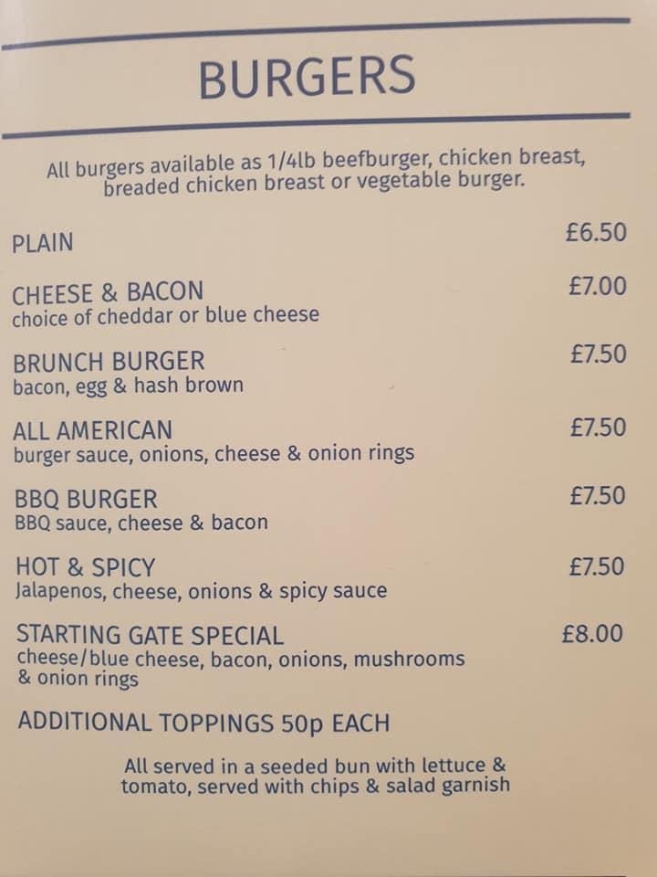 Carta del pub y bar Starting Gate, Redcar