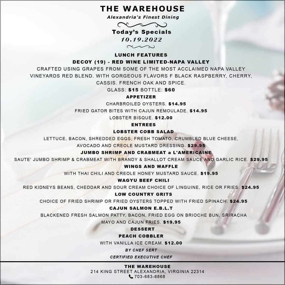 Menu at The Warehouse steakhouse, Alexandria, 214 King St