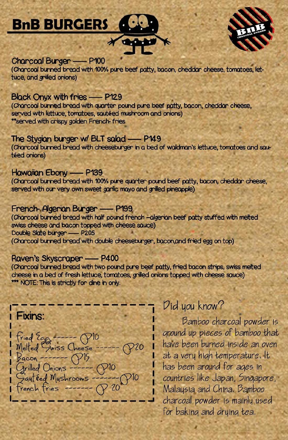 Menu at BNB Black Burger restaurant, Iloilo City, PH78+FMJ