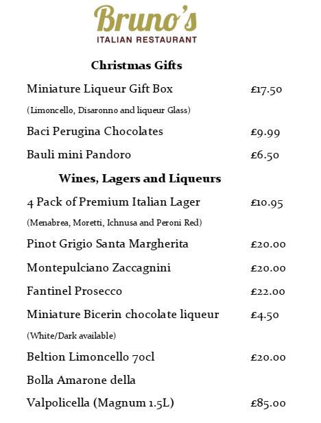 Menu at Bruno's Italian Restaurant, Dumfries