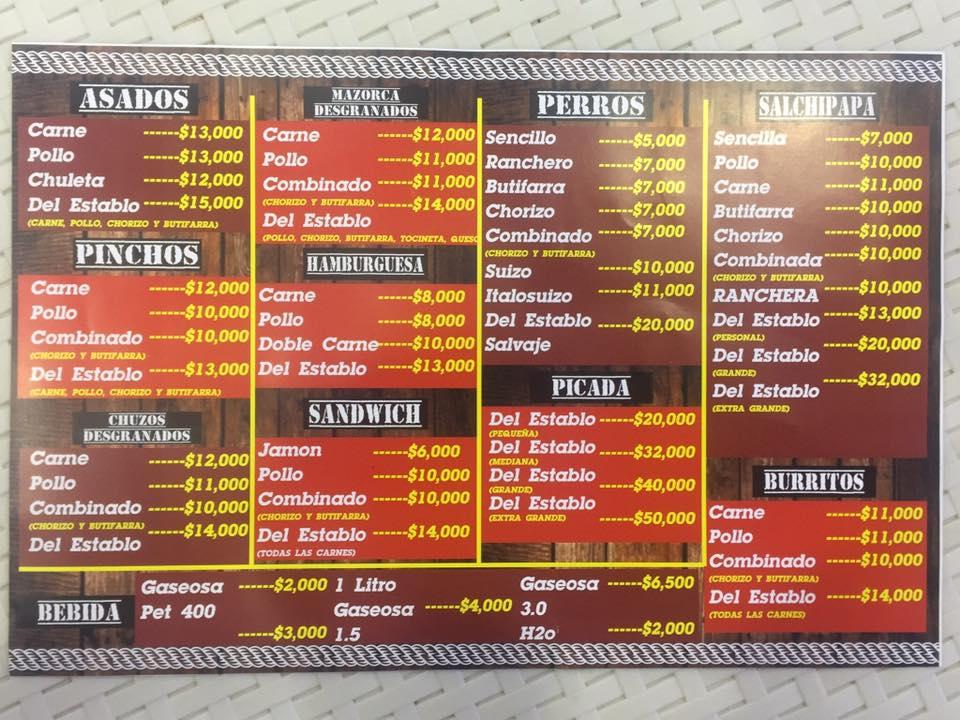 Menu at El Establo restaurant, Santa Marta