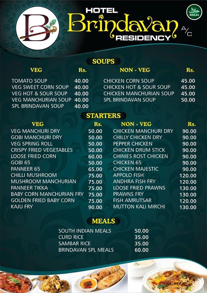 Menu at Hotal Brindavan Residency, India