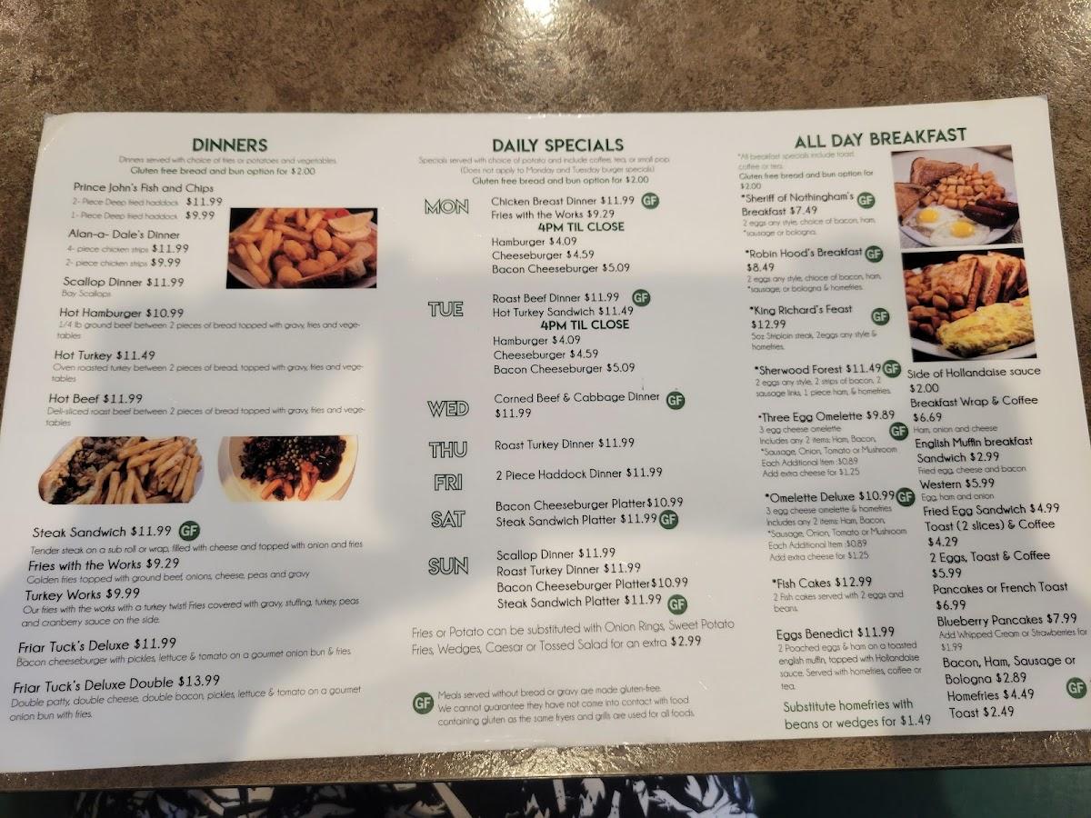 Menu at Maid Marian's Diner restaurant, Charlottetown