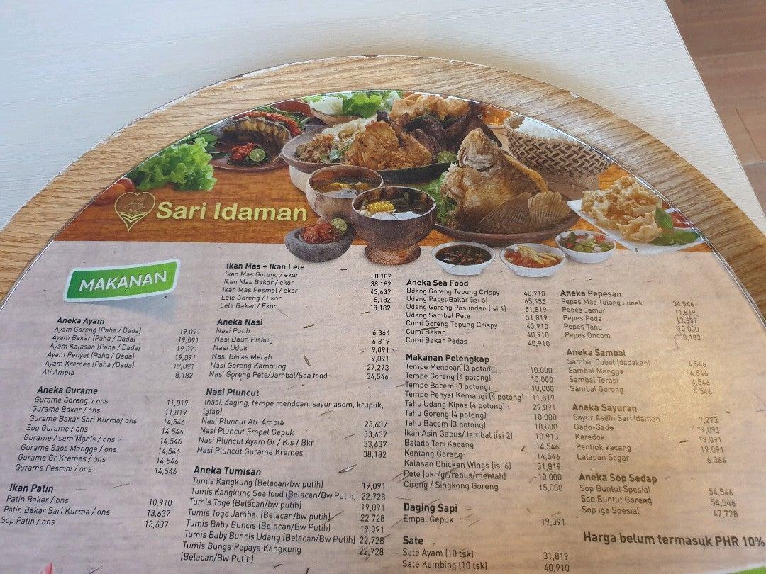 Menu at Sari Idaman restaurant, Jakarta