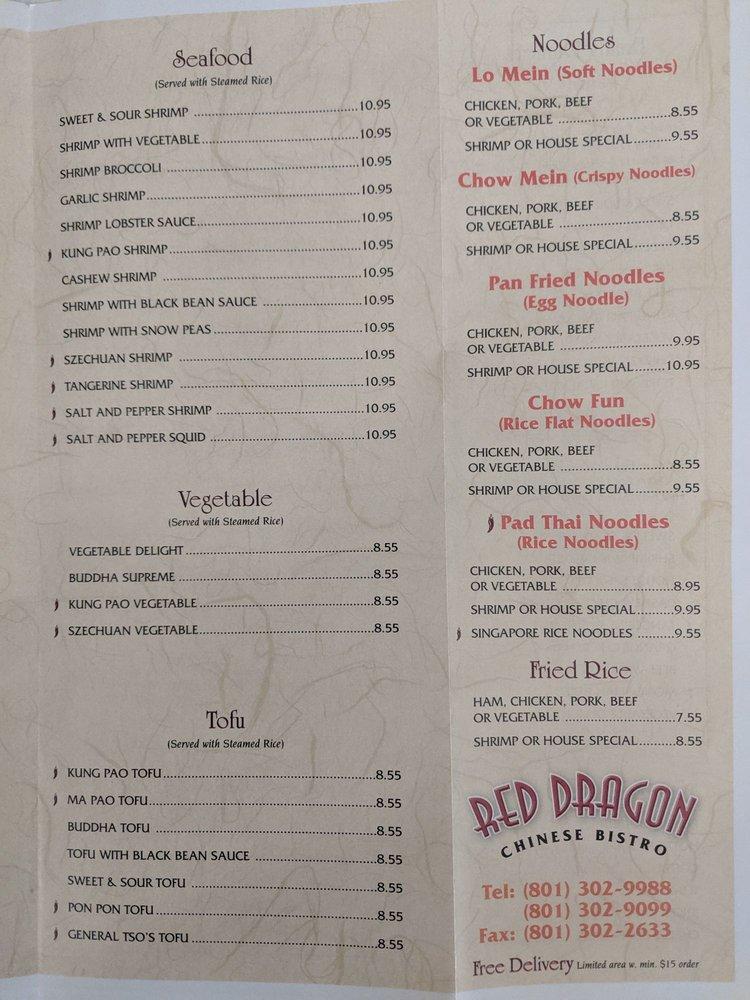 Menu at Red Dragon Chinese Bistro restaurant, South Jordan