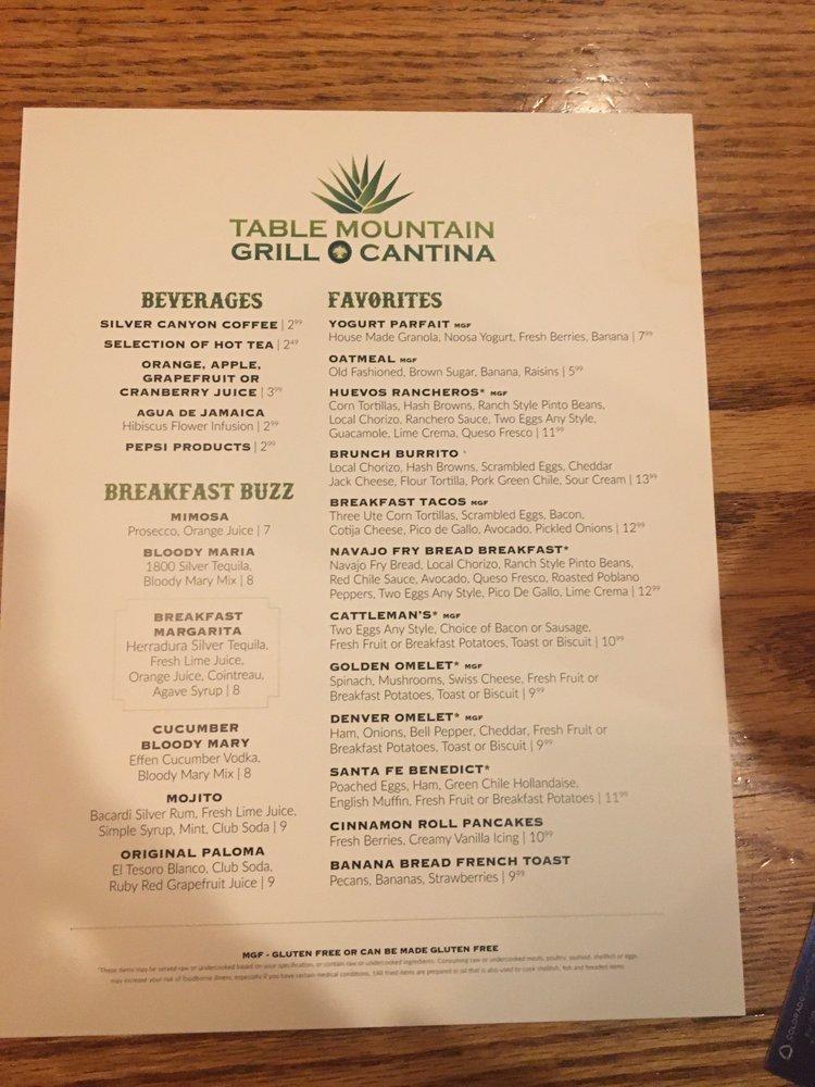 Menu at Table Mountain Grill & Cantina restaurant, Golden
