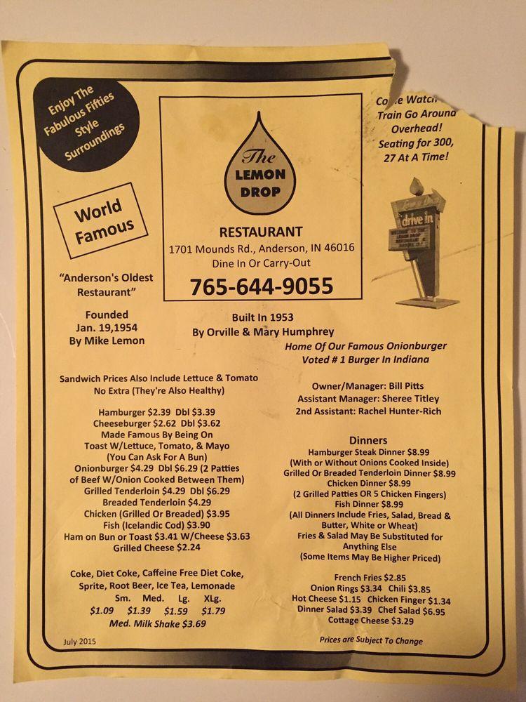 Menu at The Lemon Drop restaurant, Anderson