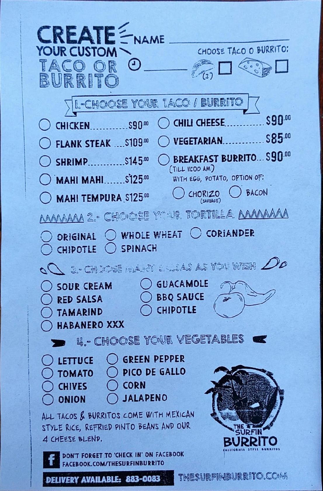 Menu at The Surfin Burrito pub & bar, Cancún, Kukulkan Km. 9.5