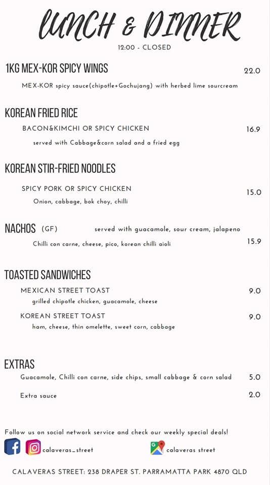 Menu at Calaveras Street Fusion restaurant, Parramatta Park