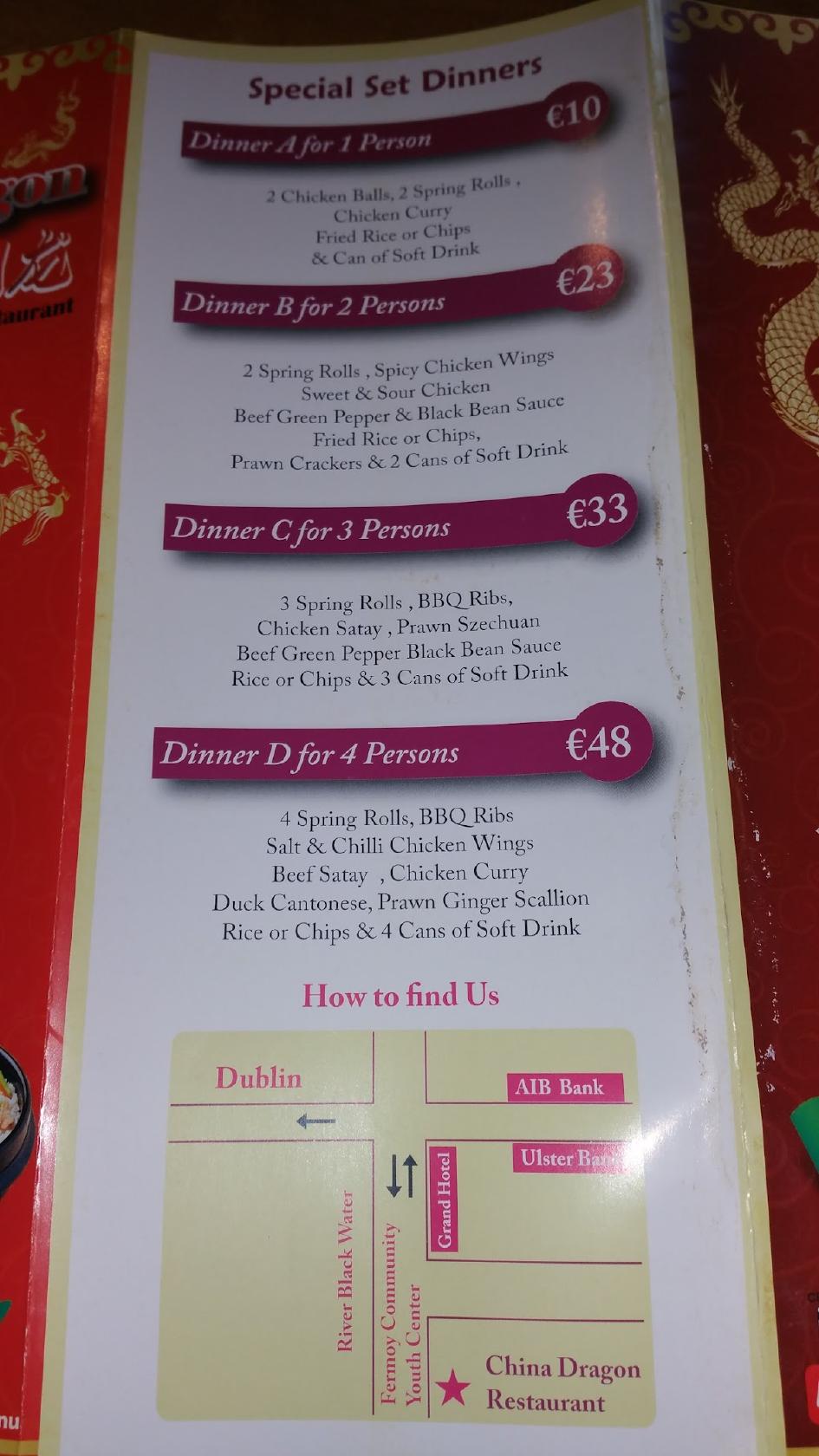 Menu at China Dragon restaurant, Fermoy