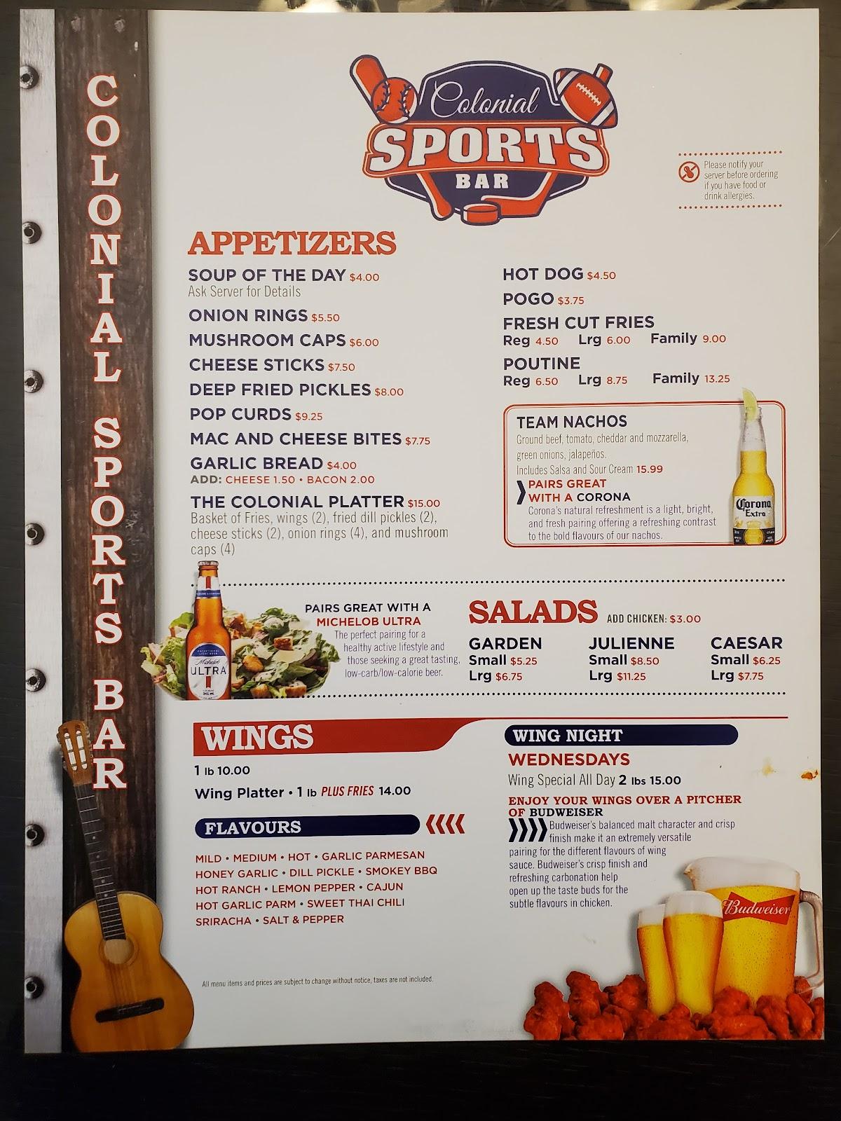 Menu at Colonial Sports Bar, Sudbury