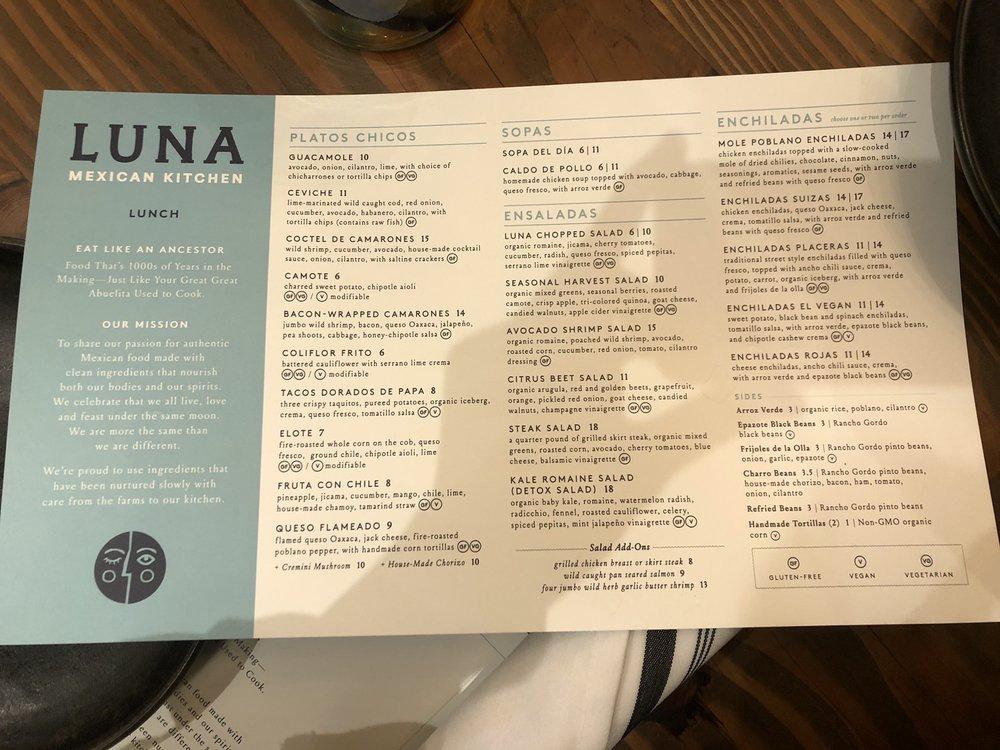 Menu at LUNA Mexican Kitchen - The Pruneyard restaurant, Campbell