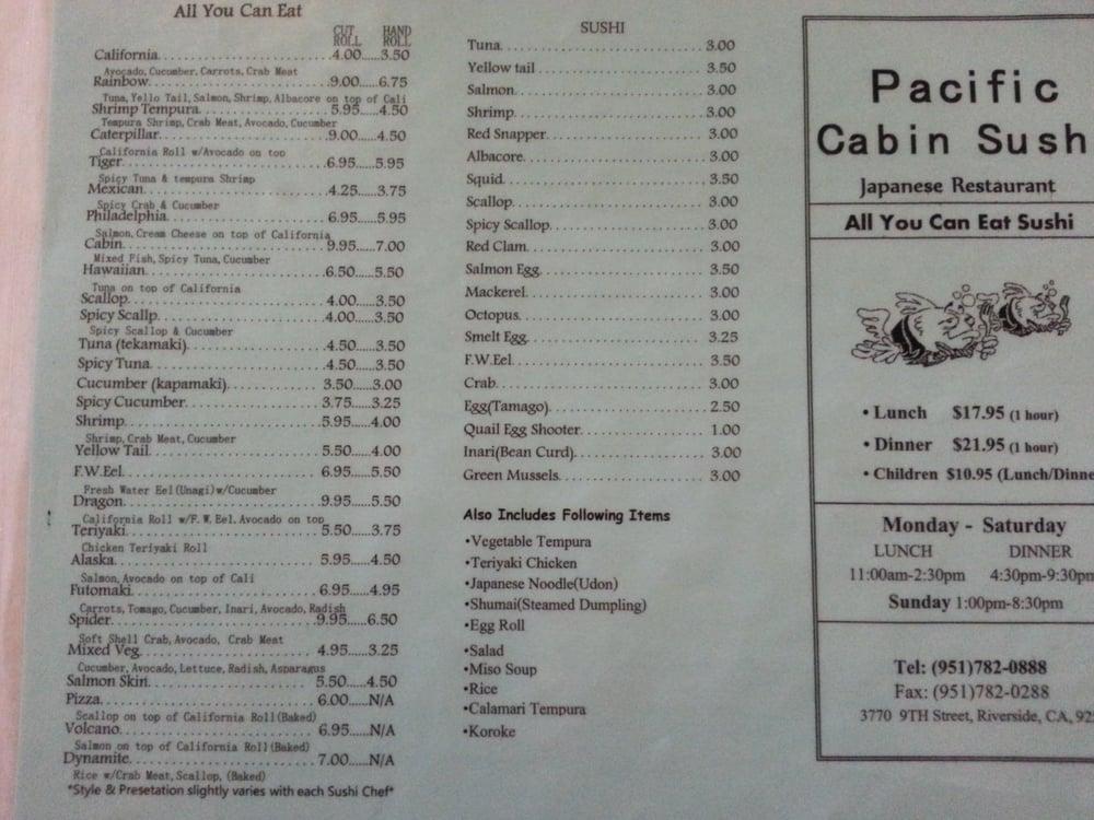 Menu at Pacific Cabin Sushi restaurant, Riverside