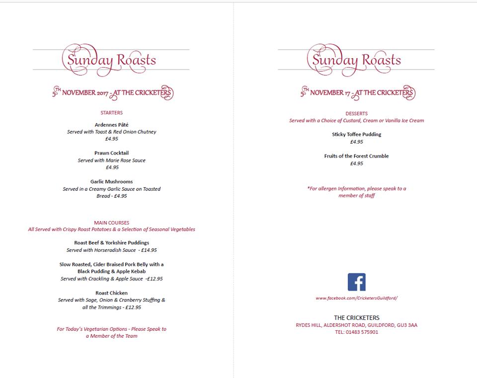 Menu at The Cricketers pub & bar, Guildford