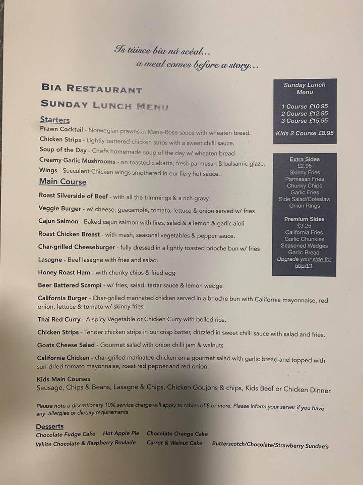Menu at Bia Loch Lao restaurant, Belfast