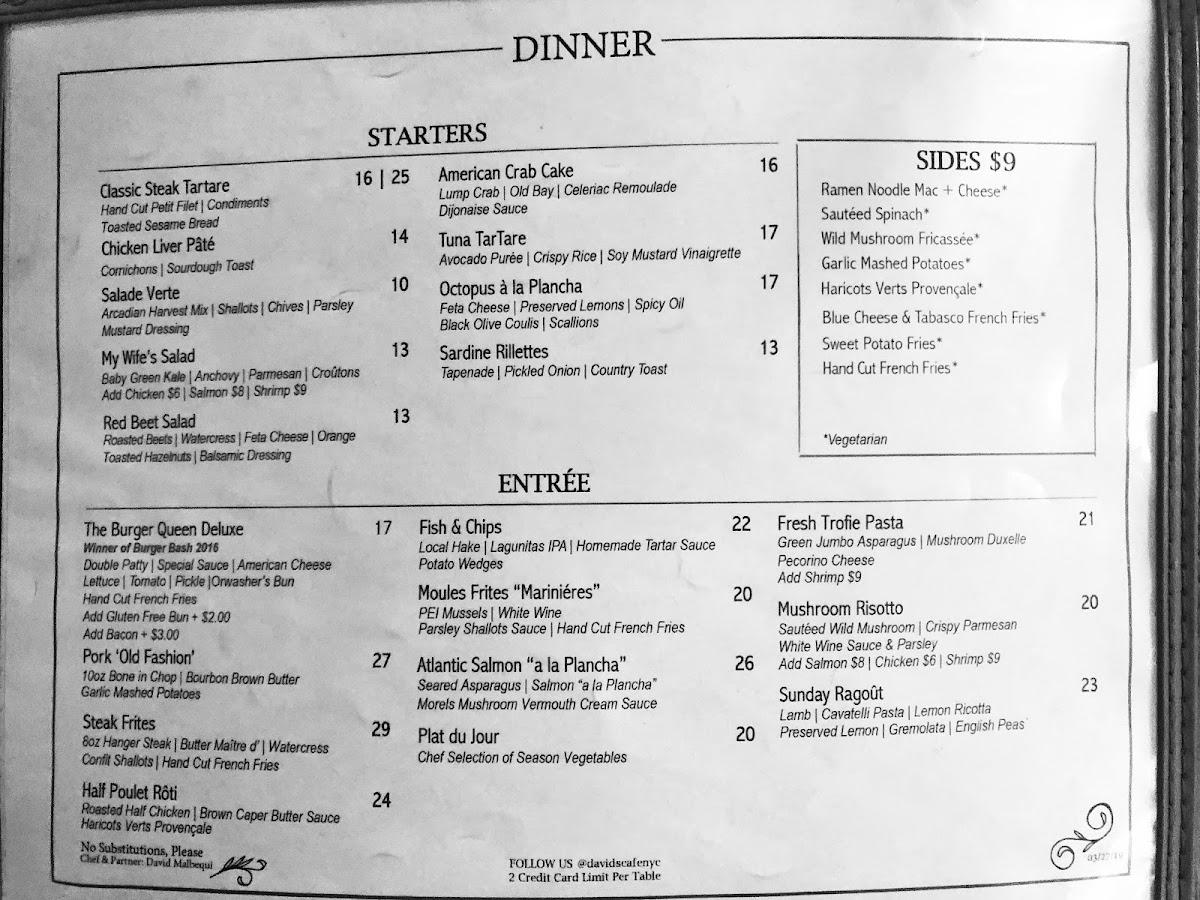 Menu at David's Café cafe, New York City