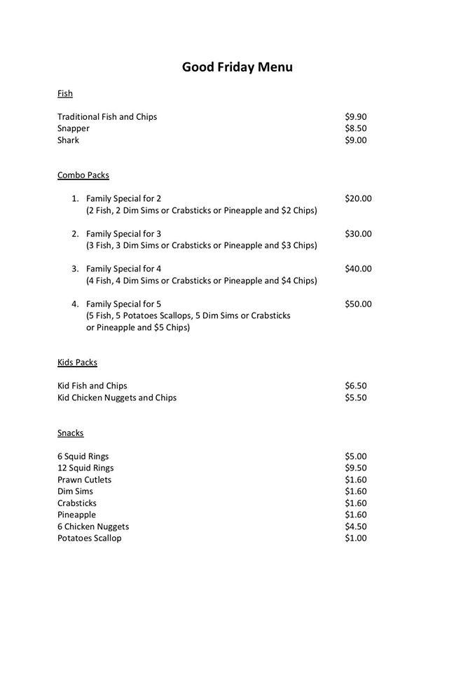 Menu at Moolanda Fish and Chips restaurant, Kingsley
