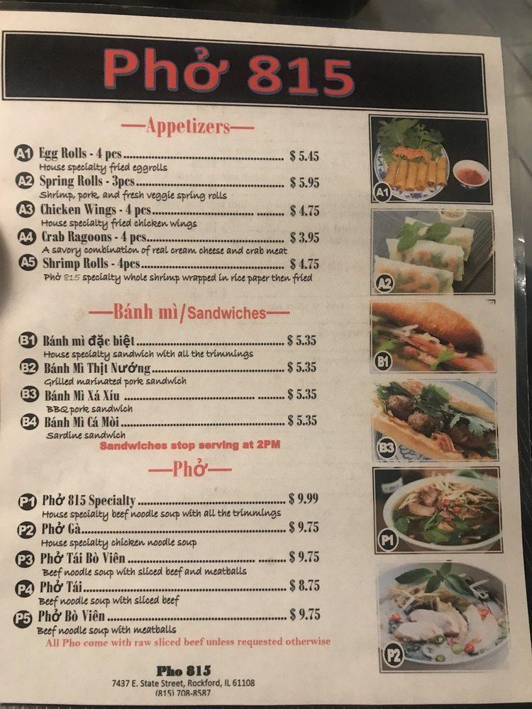 Menu at Pho 815 restaurant, Rockford, E State St