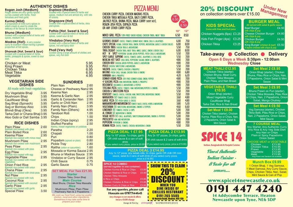 Menu at Spice 14, Newcastle upon Tyne
