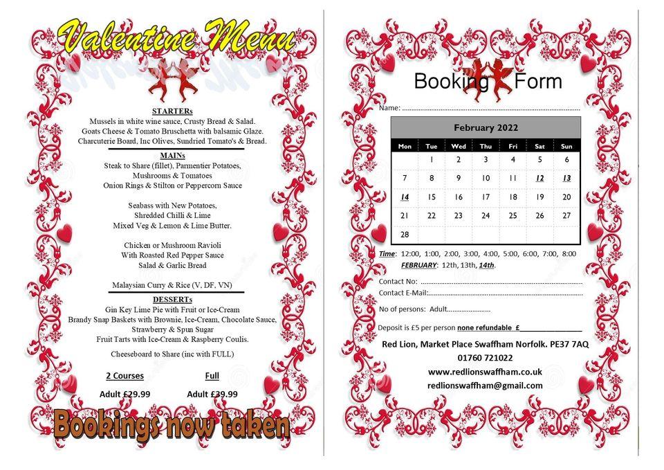 Menu at The Red Lion restaurant, Swaffham