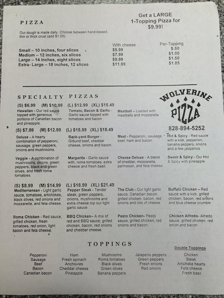 Menu at Wolverine Pizza pizzeria, Columbus, NC-108