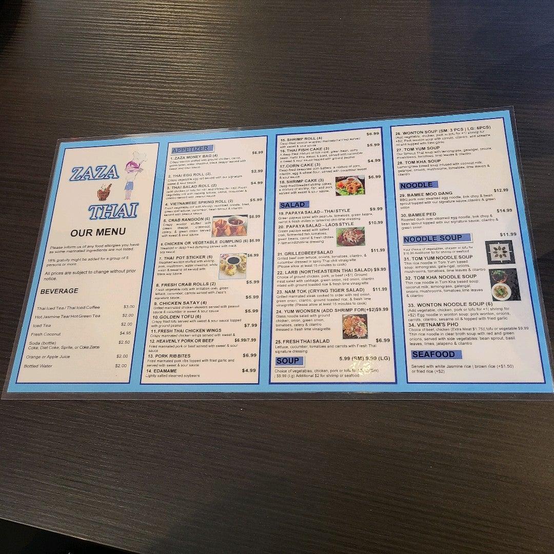 Menu at ZAZA THAI restaurant, McKinney