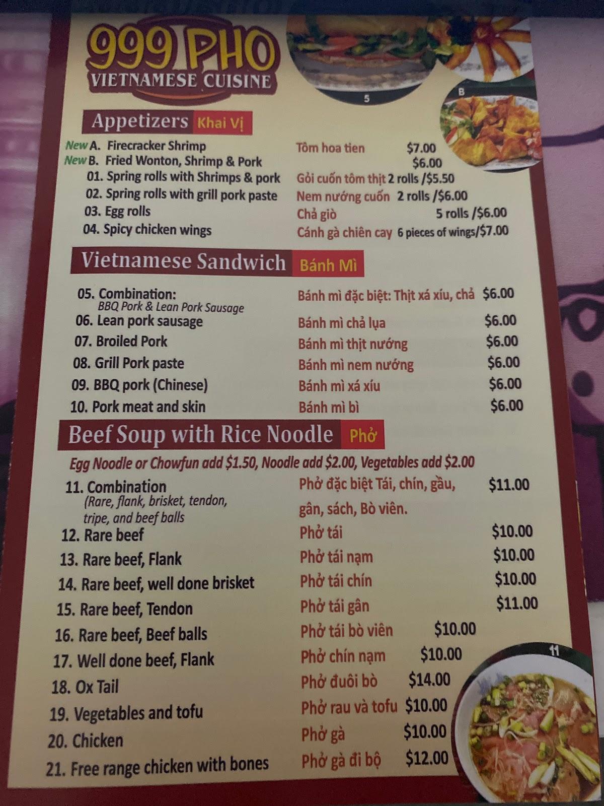 Menu at 999 Phở restaurant, Reno, Kietzke Ln
