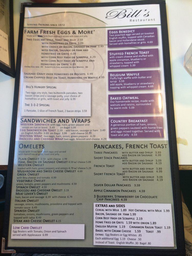 Menu at Bill's Restaurant, Hummelstown