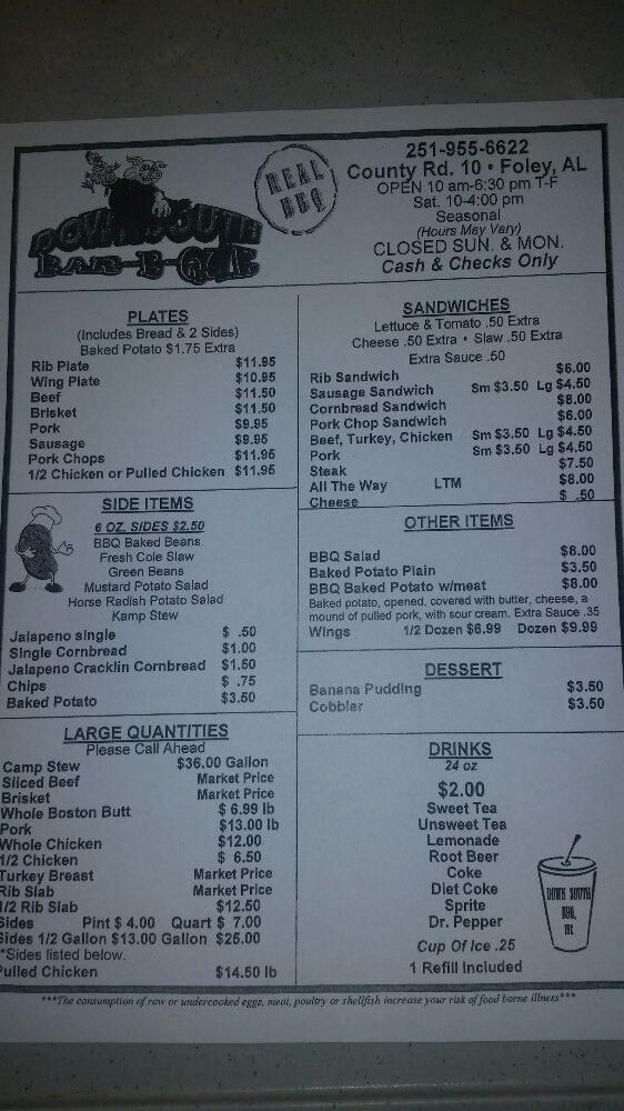 Menu at Down South BBQ, Foley, Co Rd 10