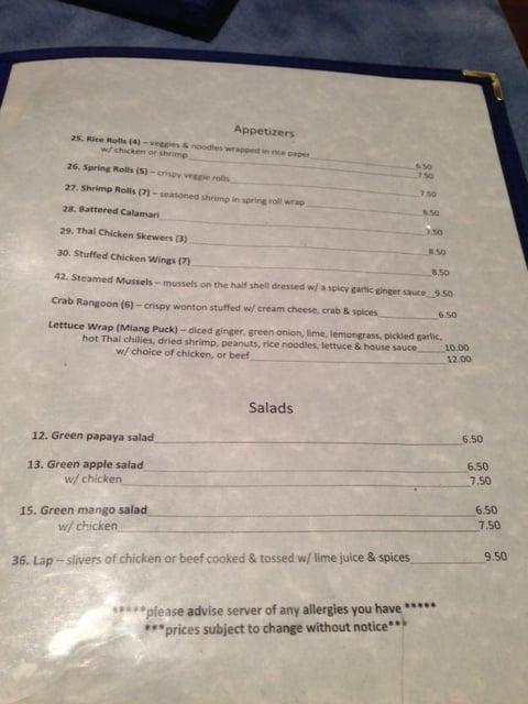 Menu at Magic Thailand Restaurant, Winnipeg